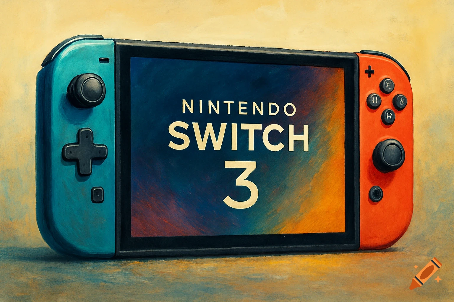 Close-up painting of a Nintendo Switch console with 'NINTENDO SWITCH 3' on the screen. on Craiyon
