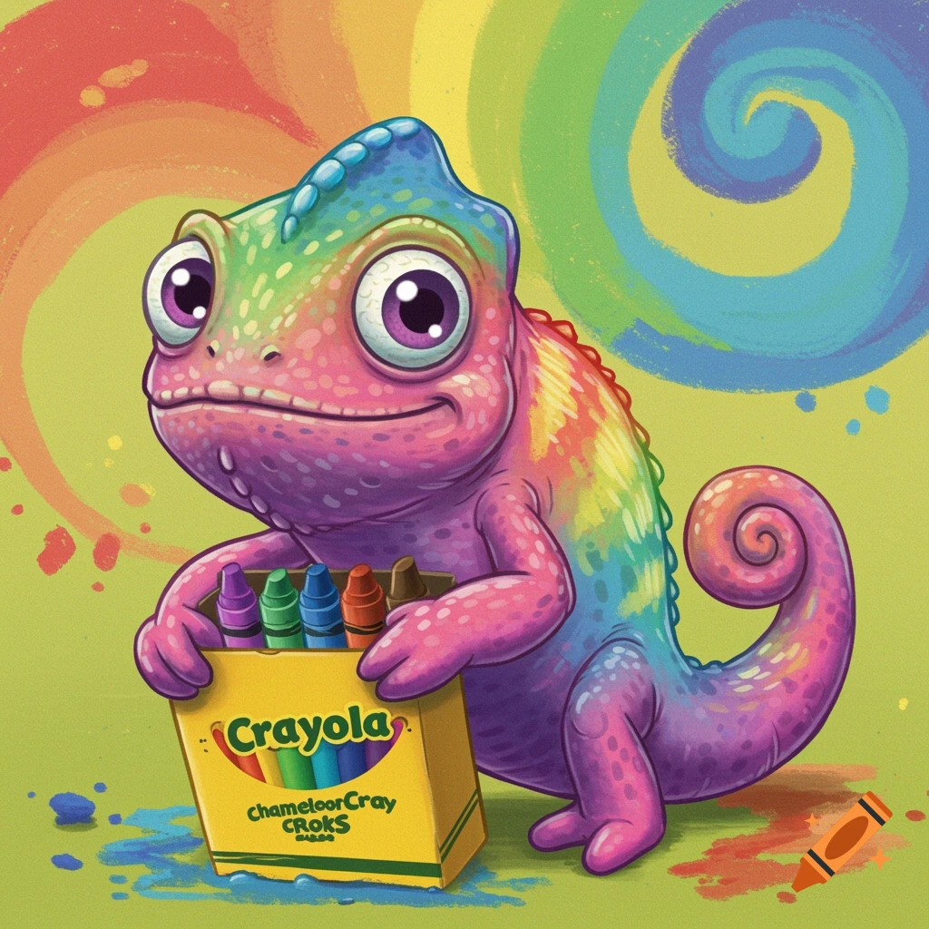A cartoon chameleon holds a box of crayons on Craiyon