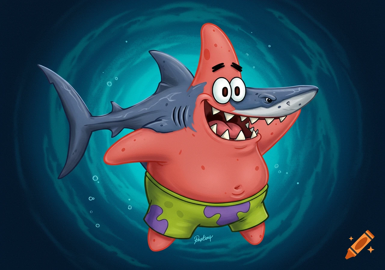 Cartoon Patrick Star with a shark head and fin, swimming underwater. on ...