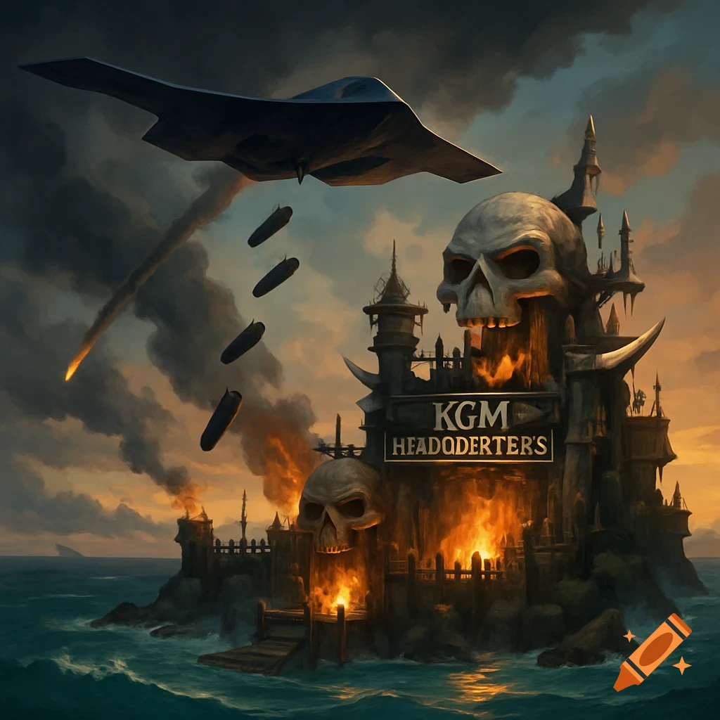 Digital painting of a B2 bomber dropping bombs on a skull fortress on ...