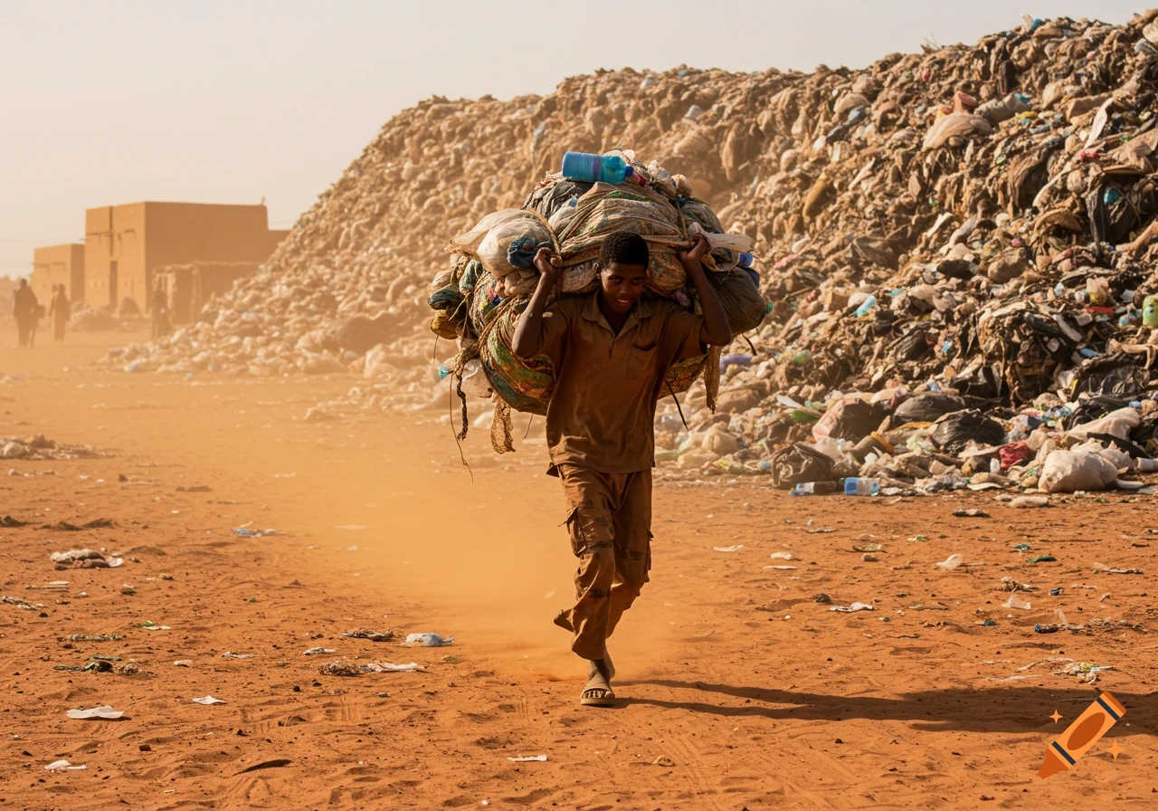 A person carries a large sack on their back through a dusty wasteland ...