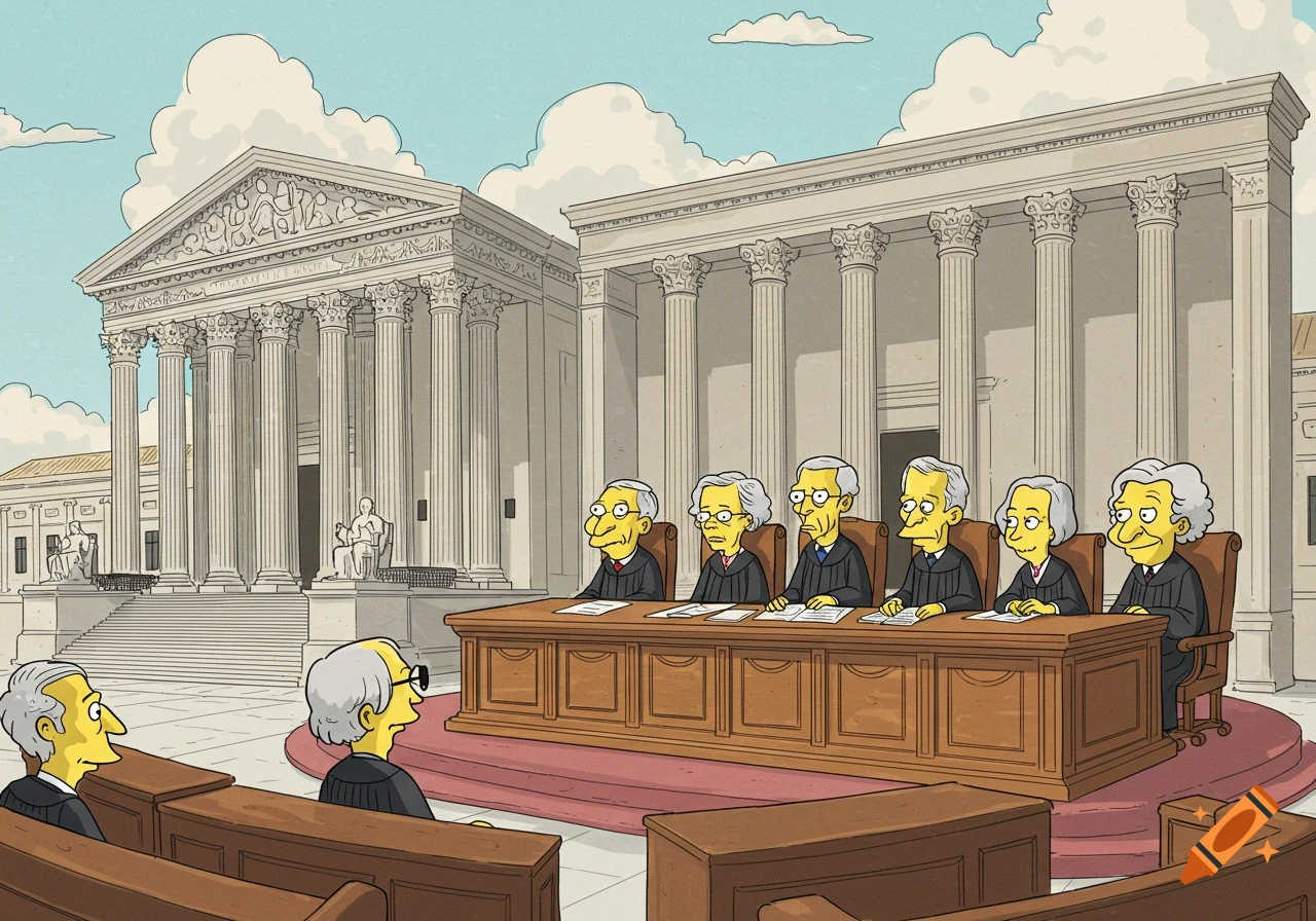 Cartoon judges sitting at a table in front of the Supreme Court ...