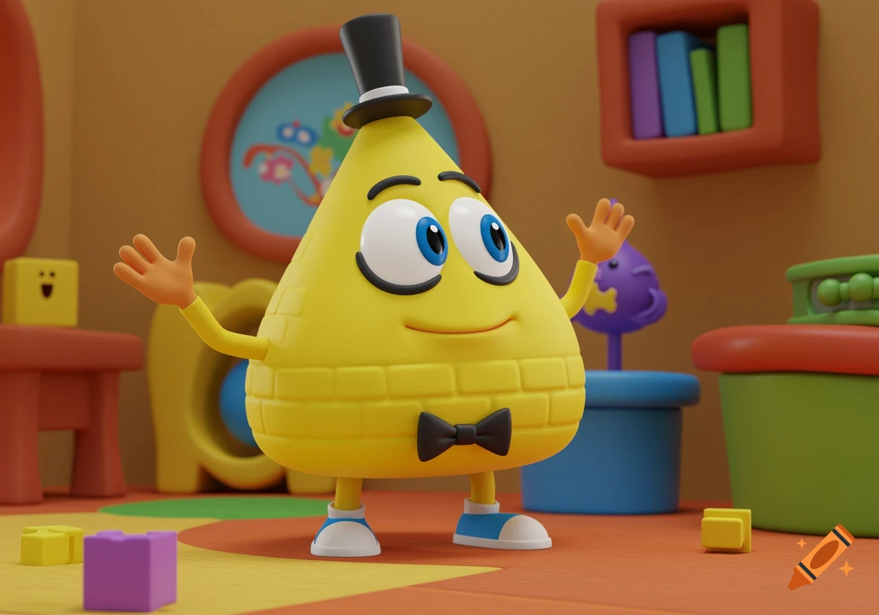 A yellow pyramid character with a top hat and bowtie stands in a bright ...