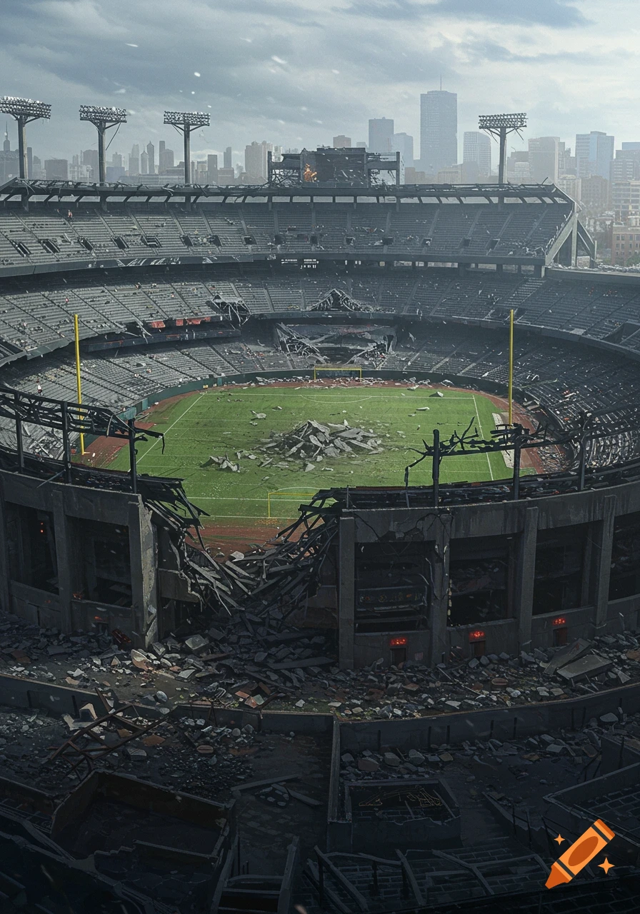 A heavily damaged stadium with rubble covering the field, under a ...