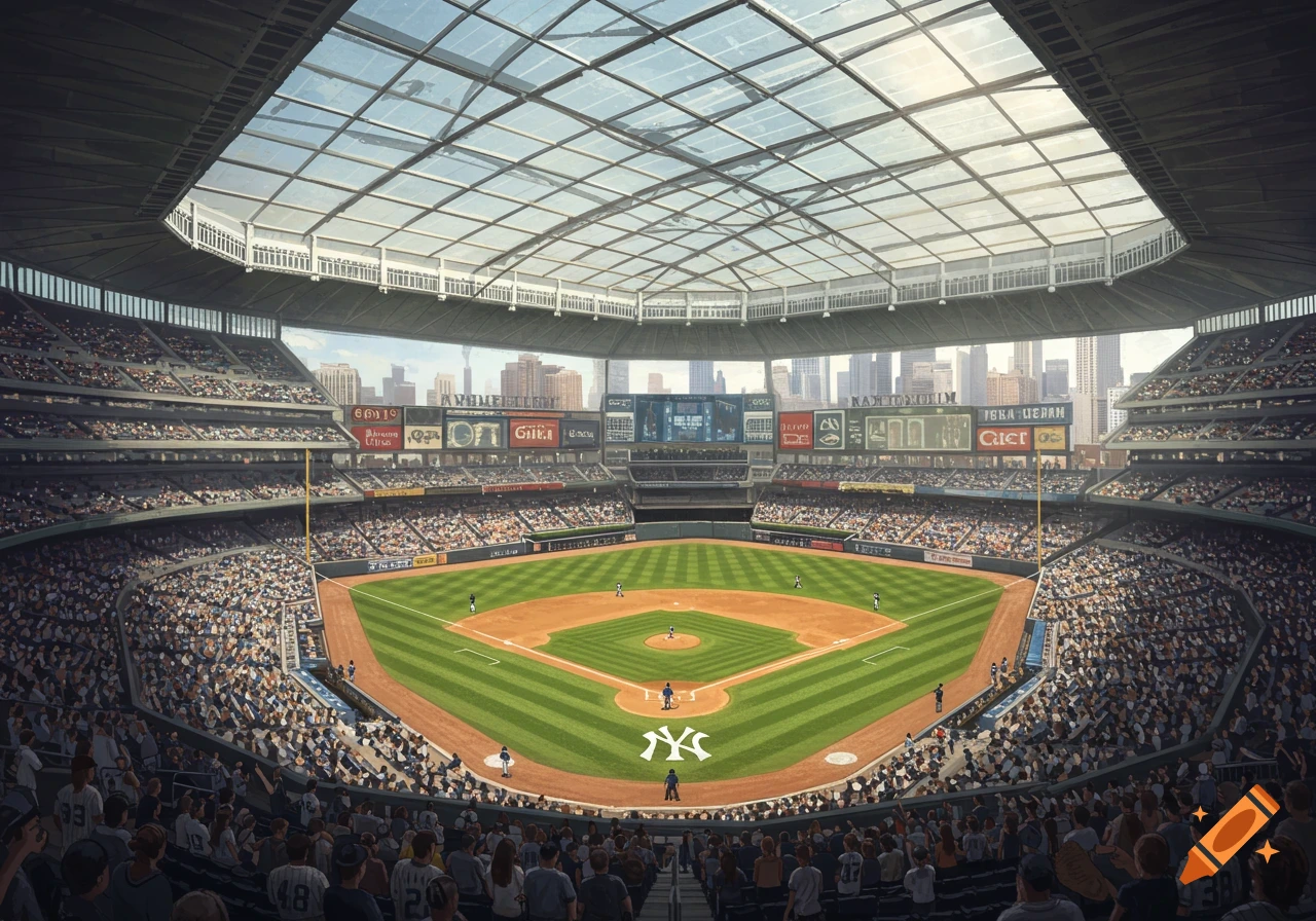 An elevated view of a baseball stadium with a glass roof covering the ...