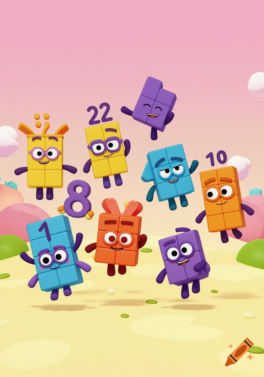 Cartoon block characters with numbers 1, 8, 10, and 22 float in a ...