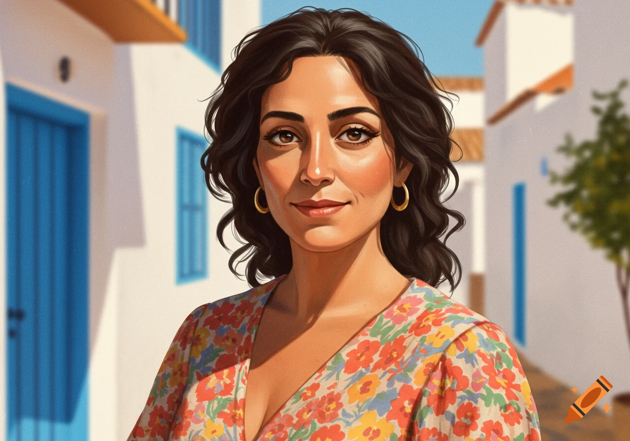 Portrait of a Spanish woman in a floral dress in a sunny Mediterranean ...
