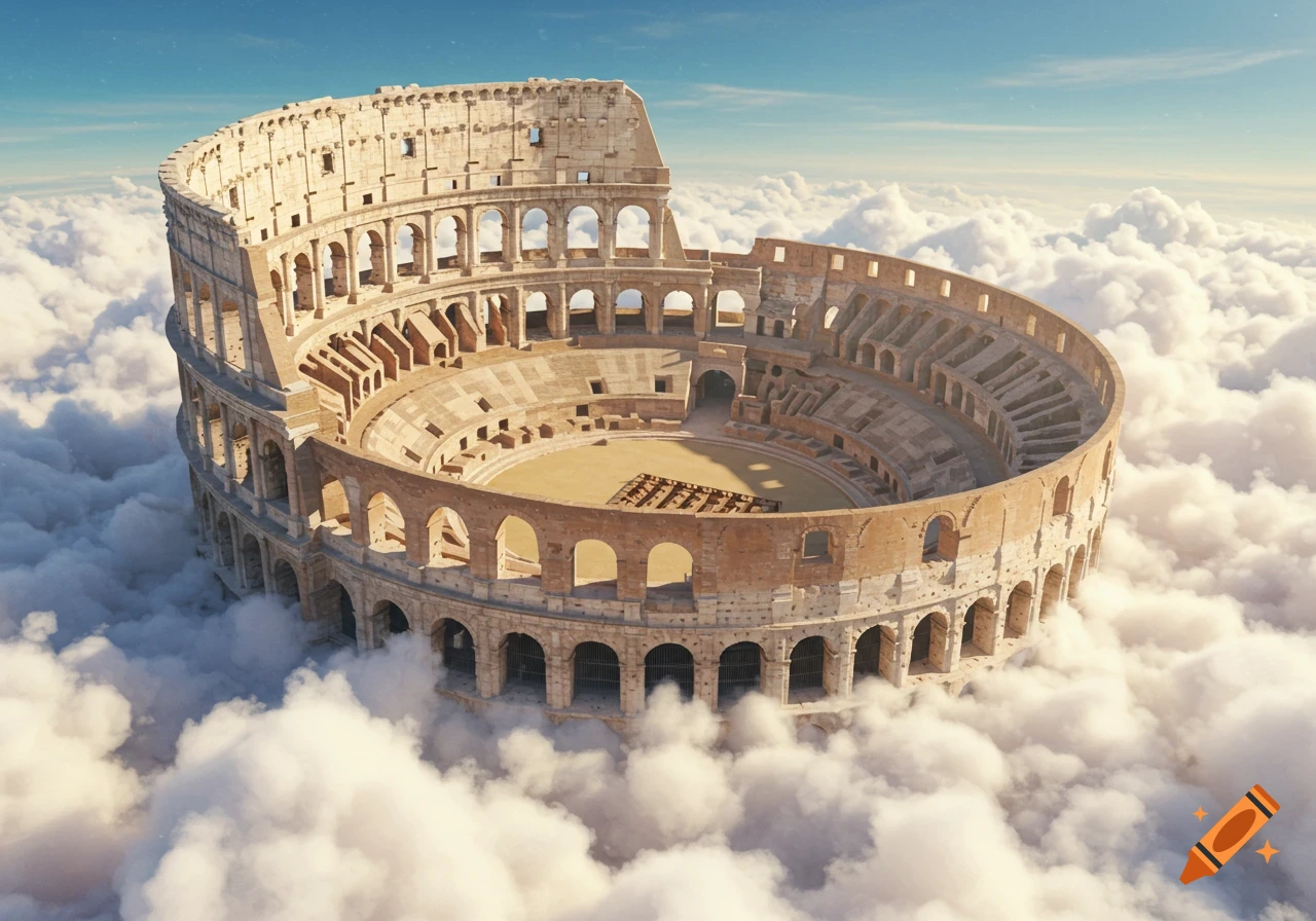 The Colosseum floating among clouds in a bright sky, viewed from above ...