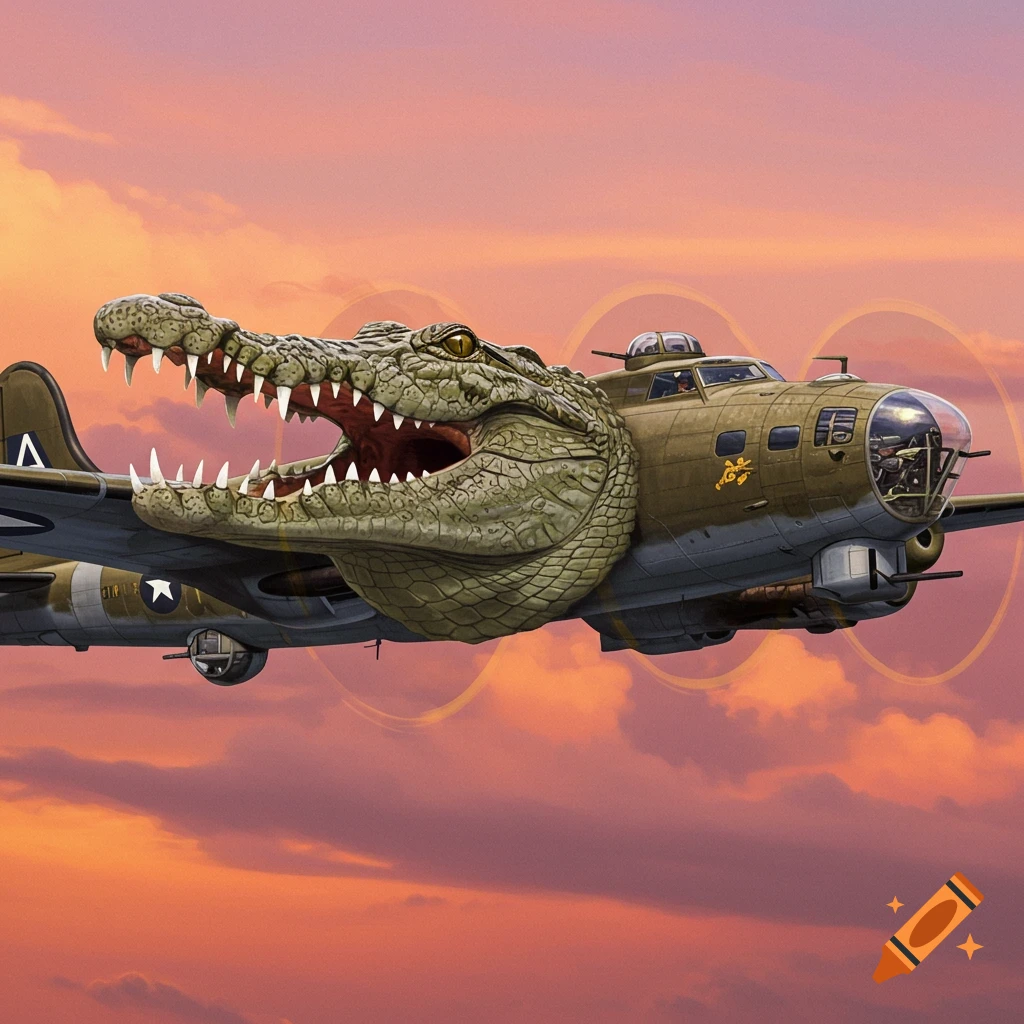 A bomber plane with a crocodile head flying through a sunset sky. on ...