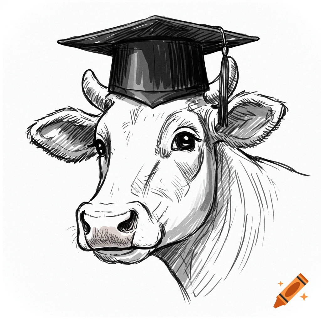 Black and white sketch of a cow wearing a graduation cap. on Craiyon