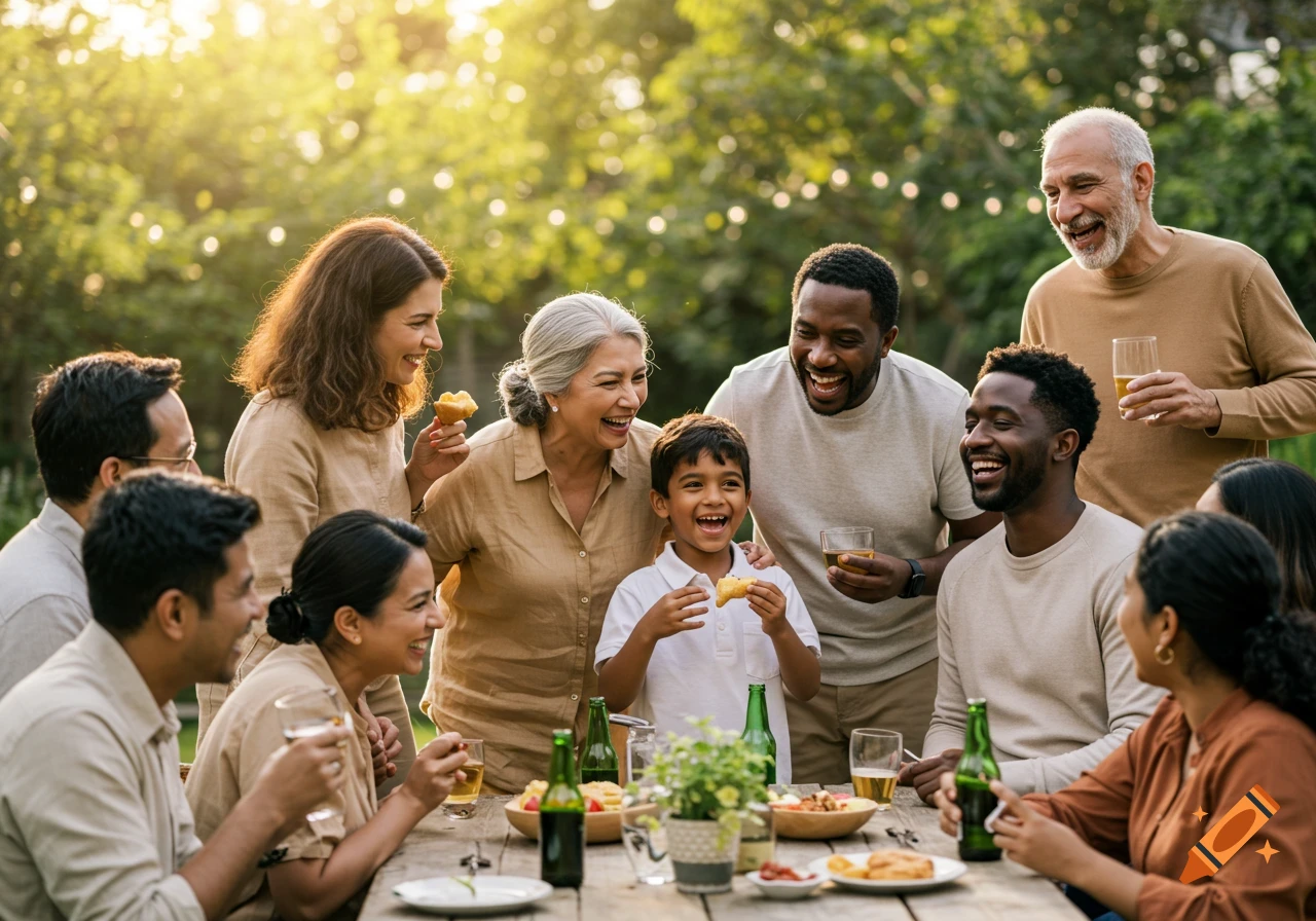 A diverse, multi-generational family laughs and eats together at an ...