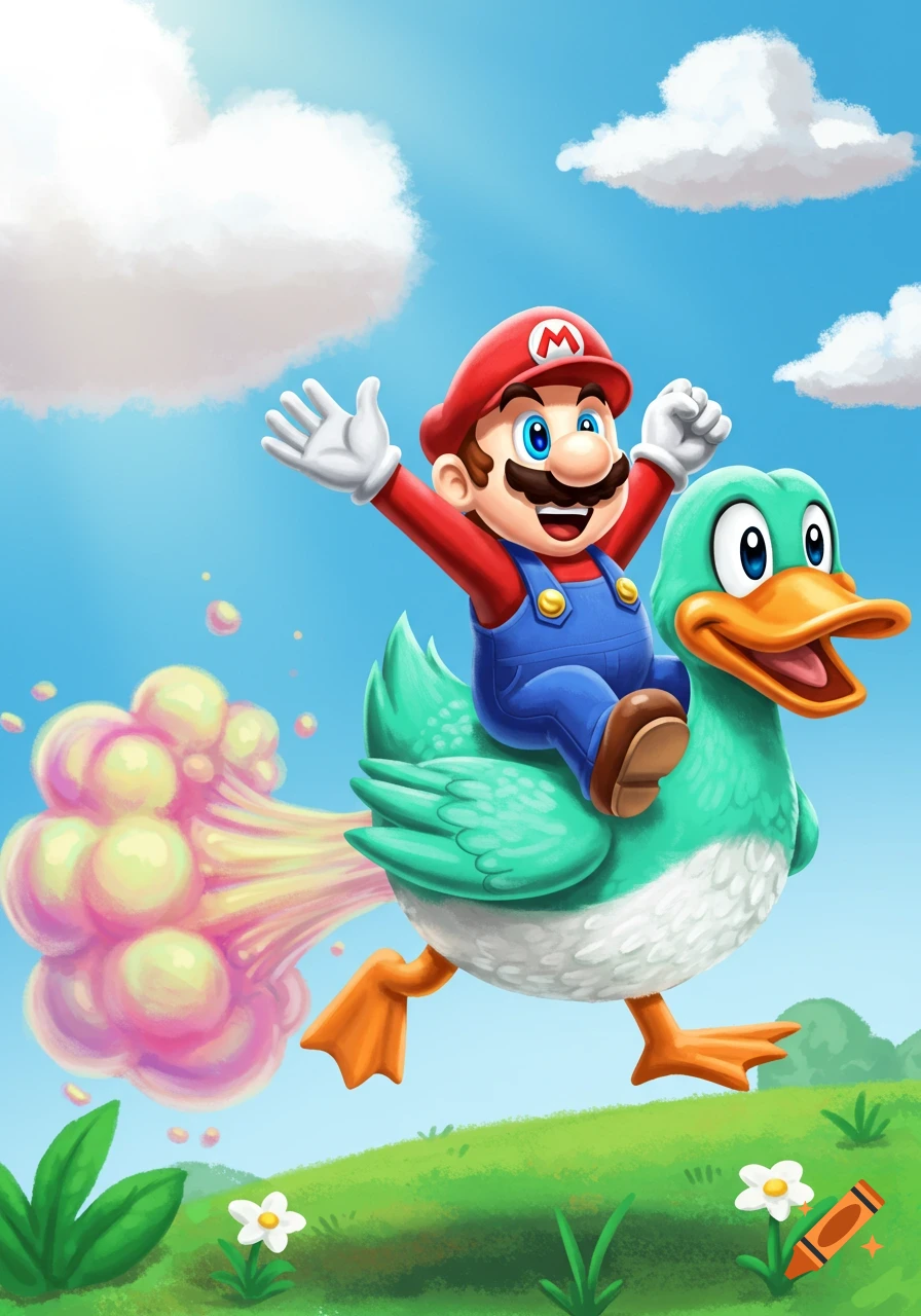 Cartoon illustration of Mario riding a green duck that is farting a ...