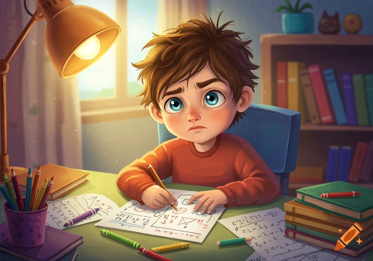 Cartoon illustration of a confused child struggling with homework at a ...