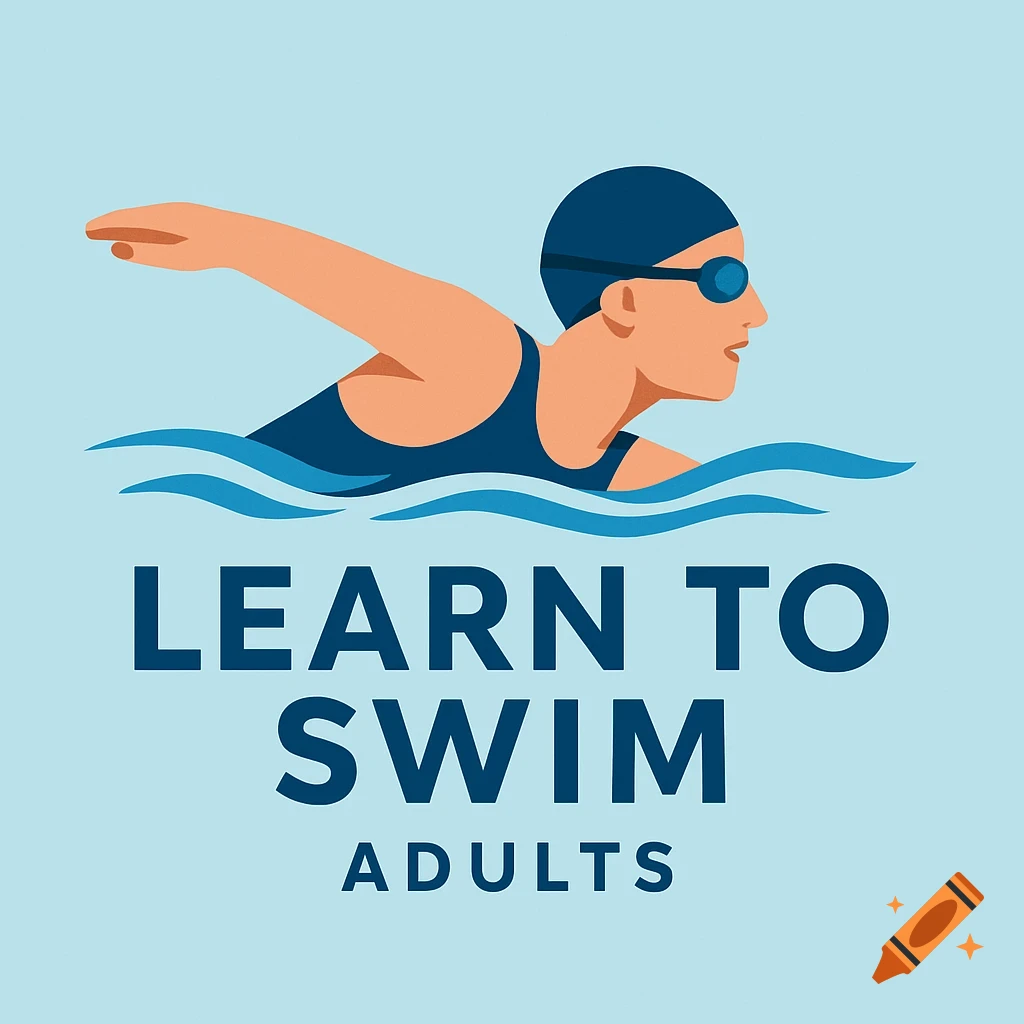 Graphic logo of a swimmer with text 'Learn to Swim Adults' on Craiyon