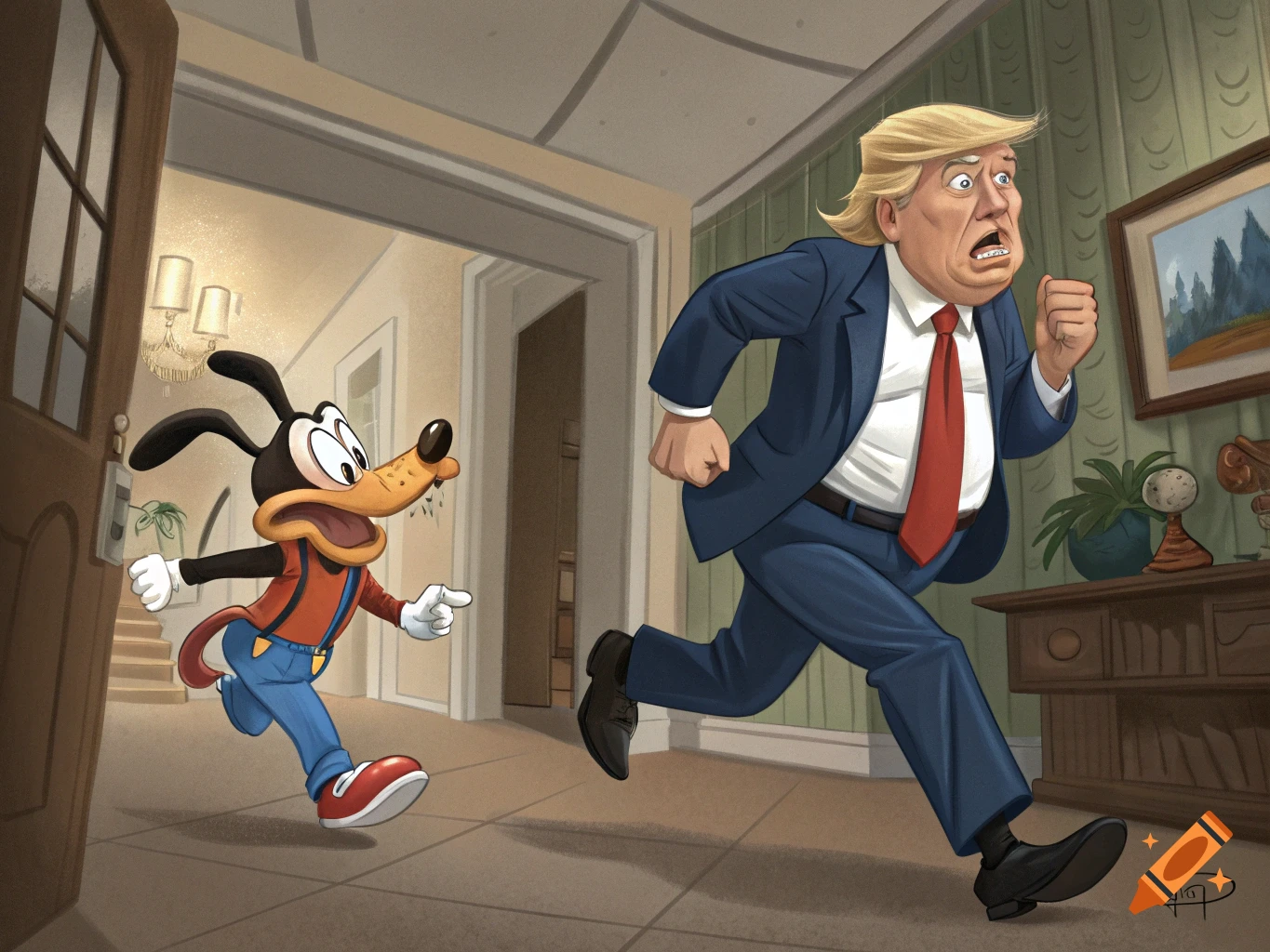 Cartoon illustration of Goofy chasing Donald Trump who is running away ...