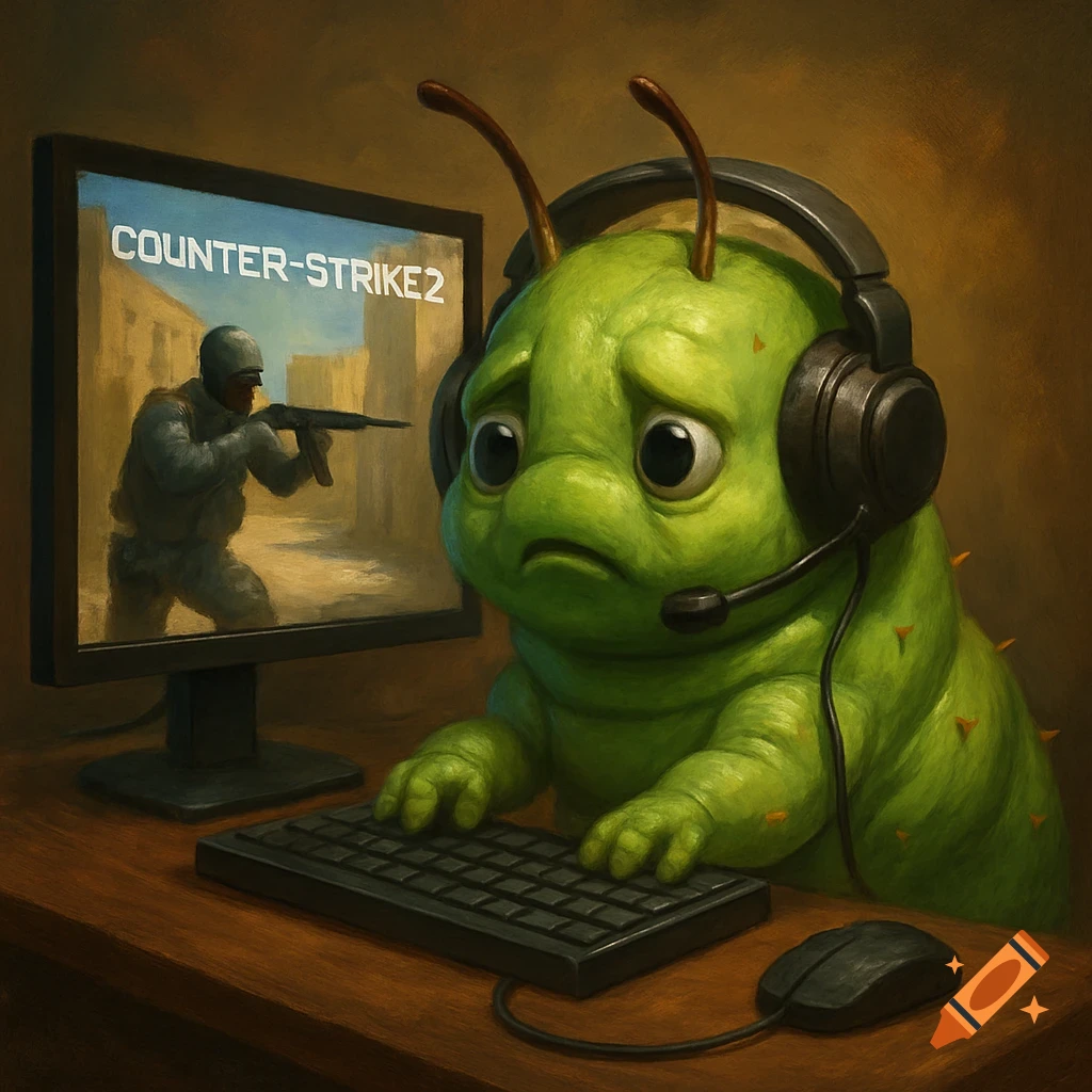 Sad green caterpillar with headset playing Counter-Strike on a computer ...