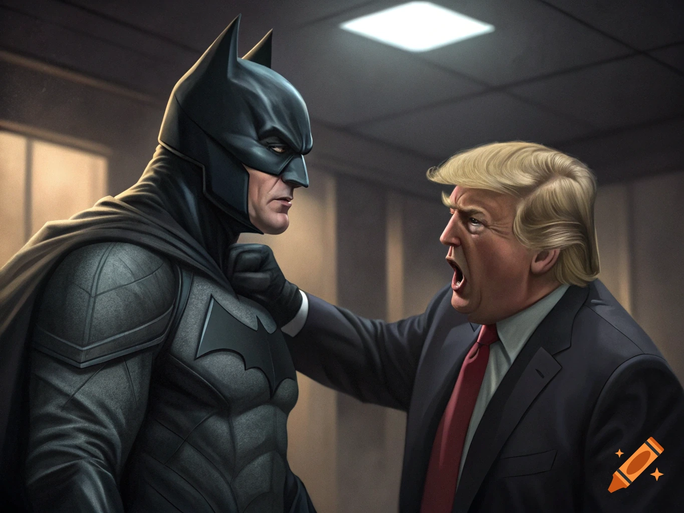 Illustration of Batman confronting Donald Trump, pushing his chest as ...