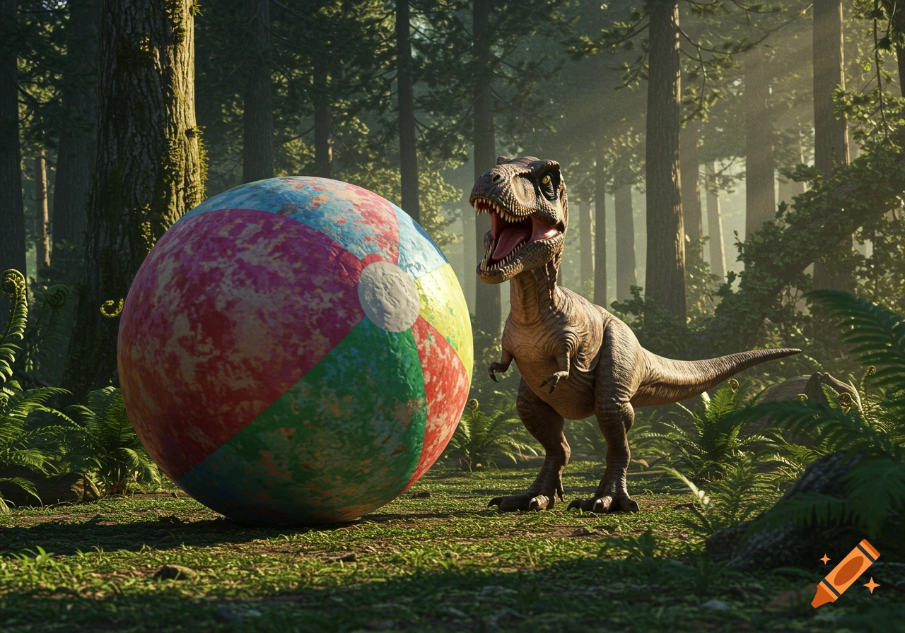 A baby T-Rex stands next to a giant colorful beach ball in a ...