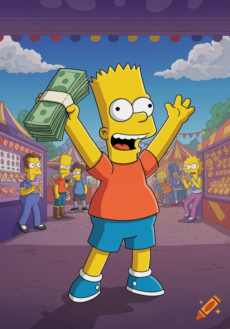 Bart Simpson holds up a large stack of money at a carnival. on Craiyon