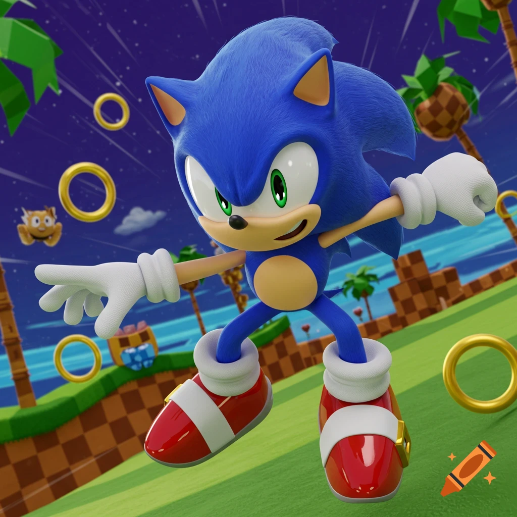 Sonic the Hedgehog running through Green Hill Zone with rings. on Craiyon