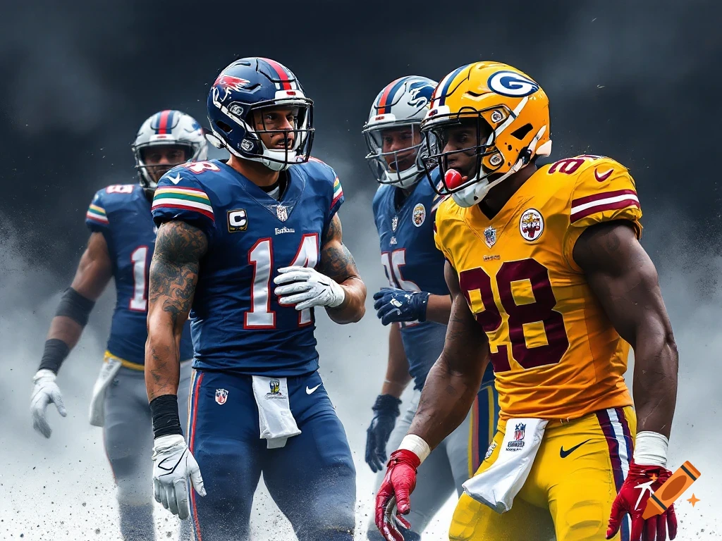 Two football players in rival concept uniforms face each other on a ...