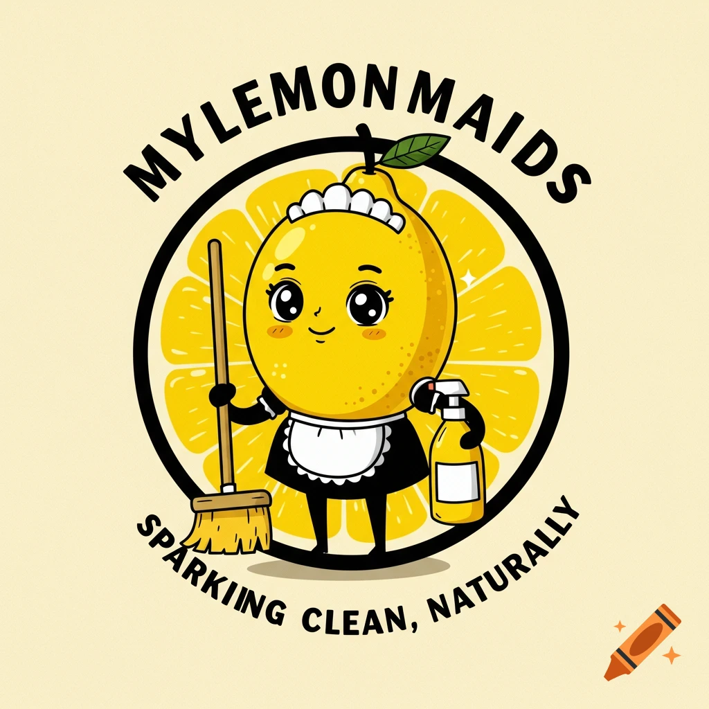 Cartoon logo of a lemon character dressed as a maid, holding a broom ...