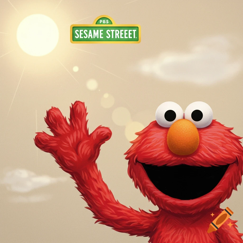 Elmo waves under a bright sun, with the Sesame Street logo above him ...