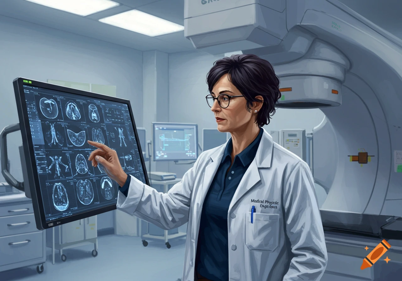 Medical physicist points at medical scans on a monitor in a lab. on Craiyon