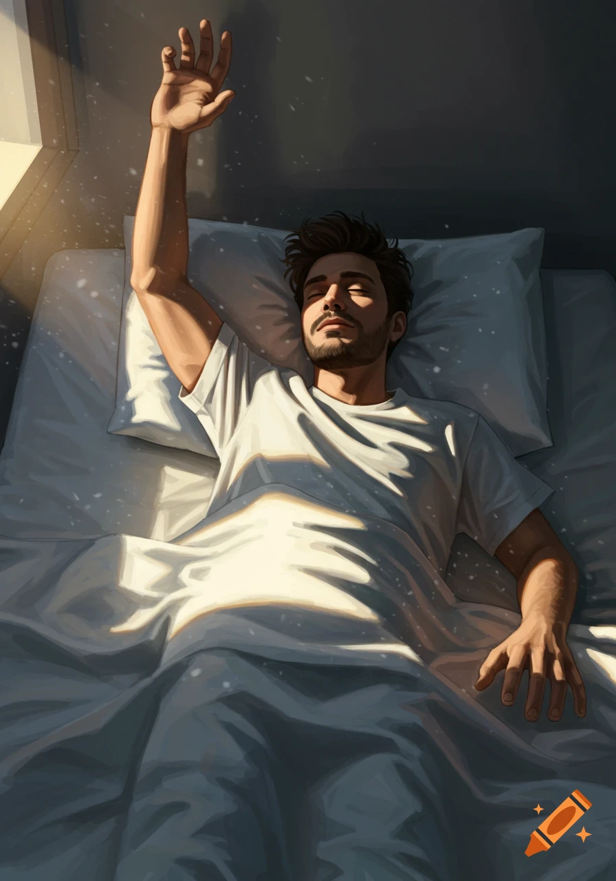 Digital illustration of a man waking up in bed, stretching his hand ...