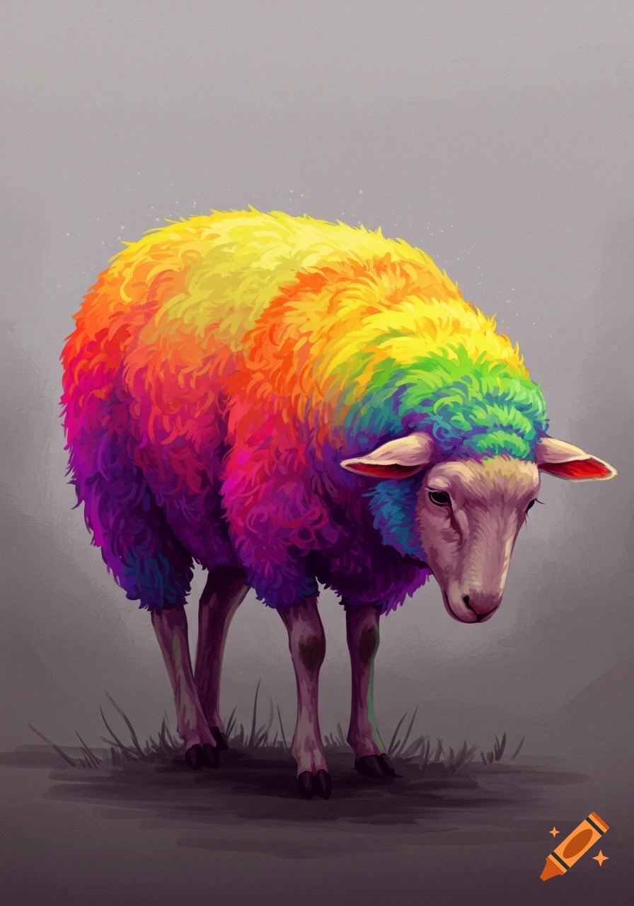 A digital illustration of a sheep with bright rainbow-colored wool ...