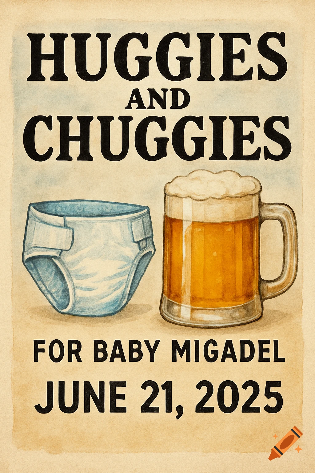 Vintage poster for a "Huggies and Chuggies" party with a diaper and a ...