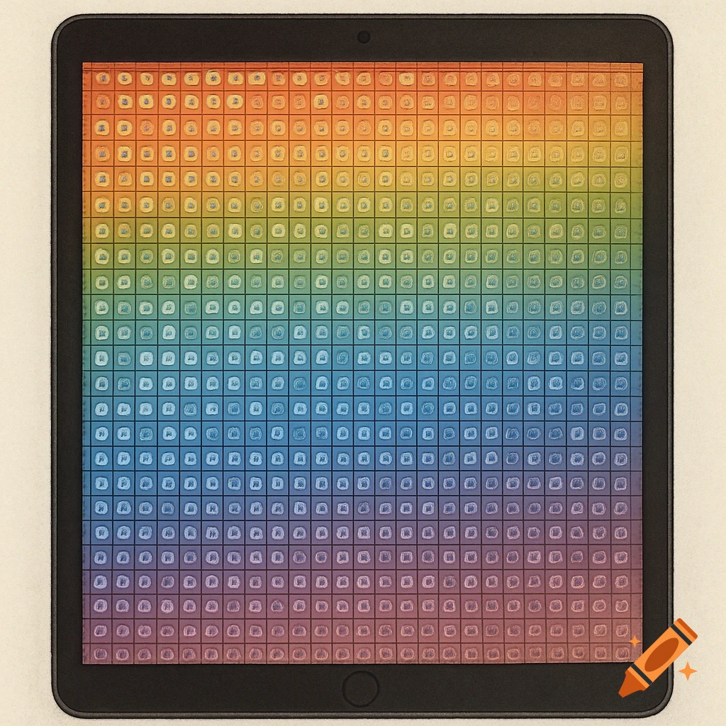 An iPad screen displays a grid filled with abstract icons in a rainbow ...