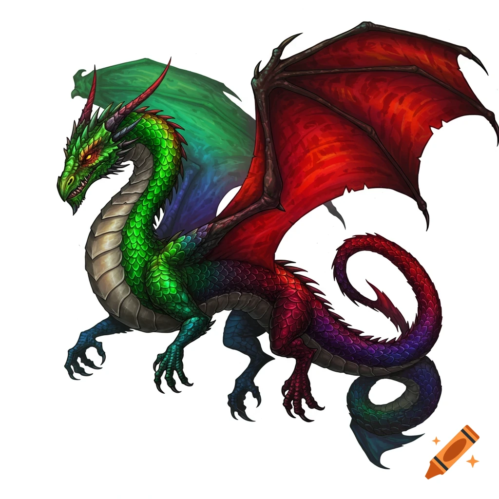 A chromatic dragon with green, blue, red, and purple scales and wings on a white background. on ...