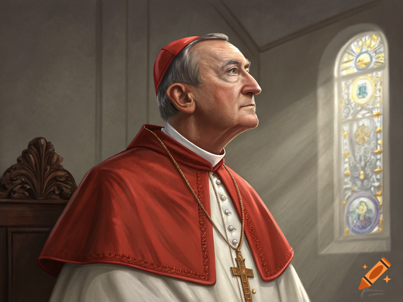 Portrait of a man in cardinal attire looking towards a stained-glass ...