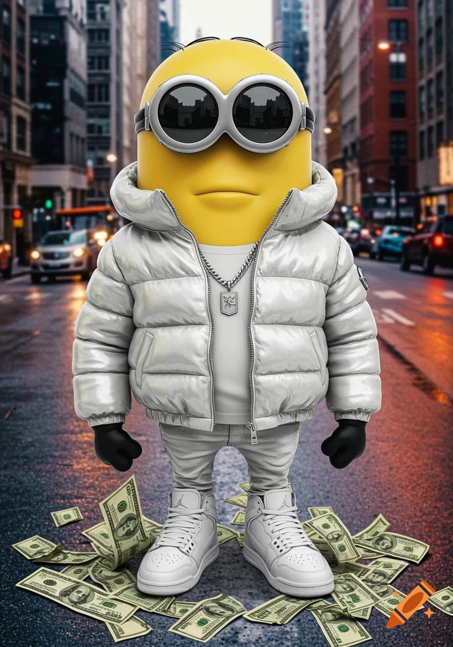 Hyper-realistic Minion in white puffer jacket and Jordans standing on a ...