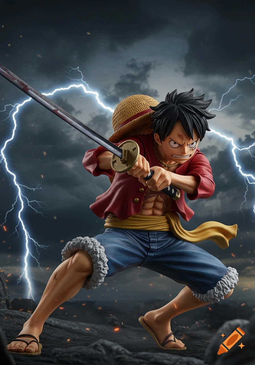 Luffy from One Piece holds a sword against a stormy sky with lightning ...