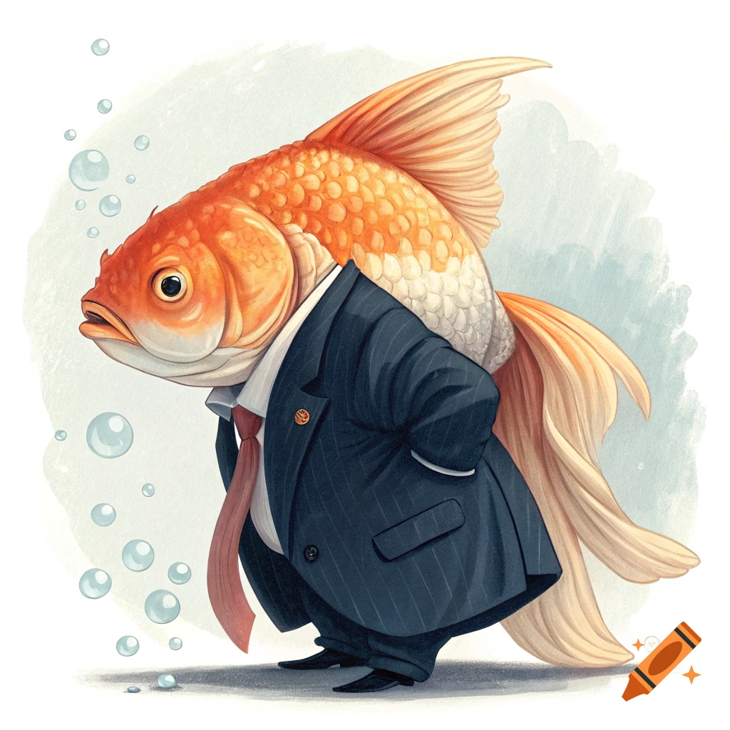 Illustration of a goldfish wearing a pinstripe suit and tie on Craiyon