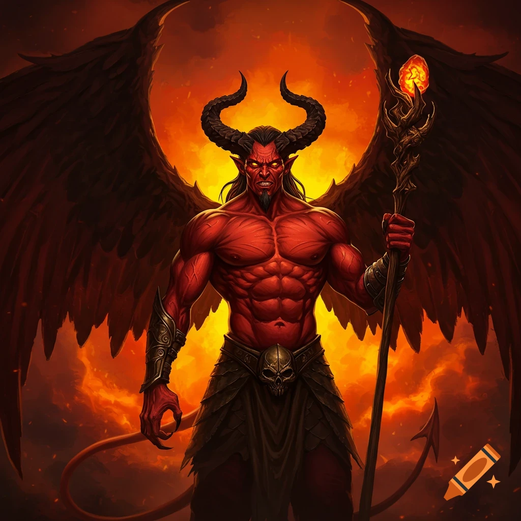 Red devil with horns, wings, and staff against a fiery background. on ...