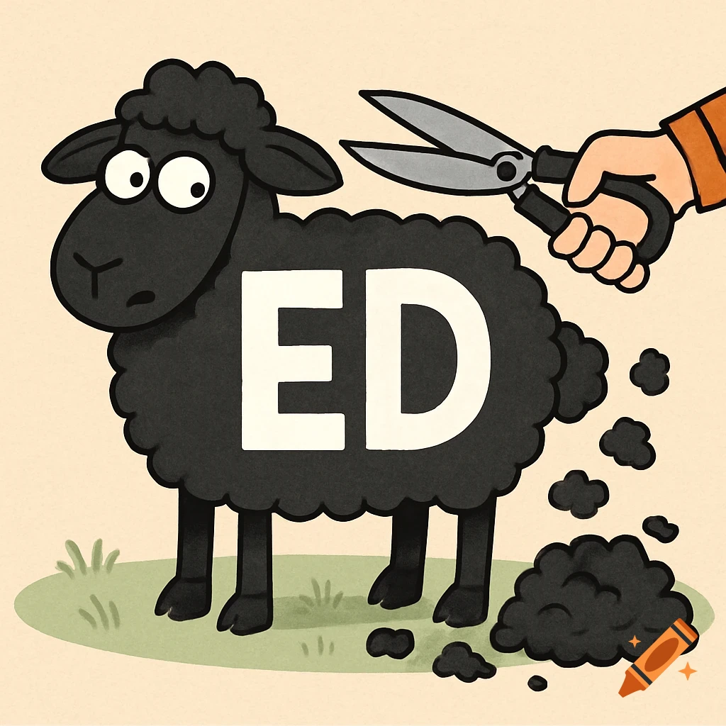 Cartoon of a black sheep with the letters ED on its wool, being shaved ...