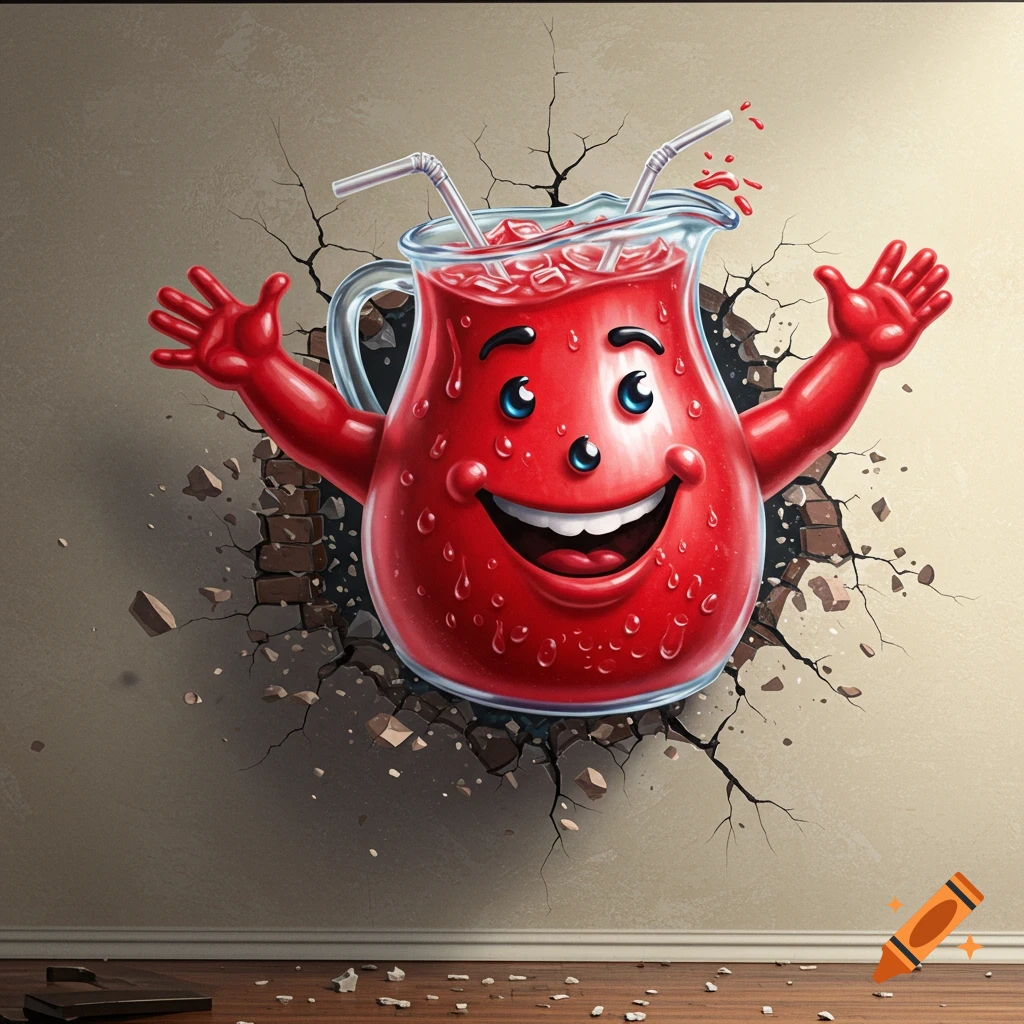 The Kool-Aid Man bursts through a brick wall. on Craiyon
