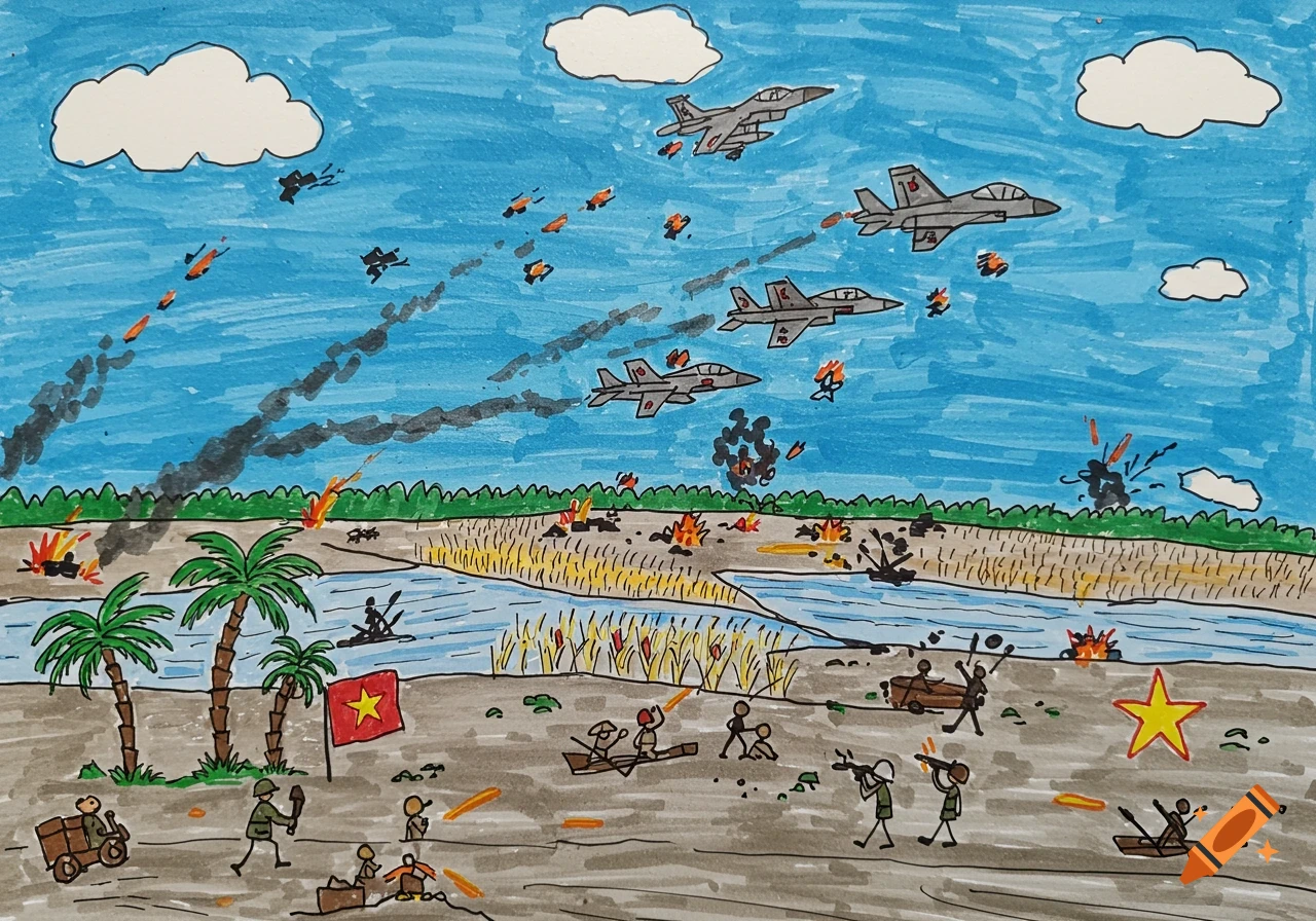 Simple drawing of a Vietnam War battle with jets, explosions, soldiers ...