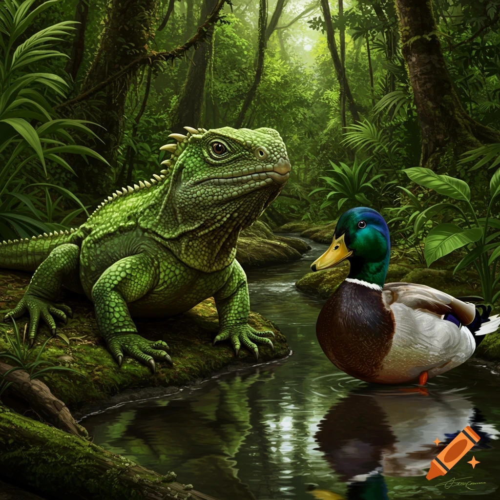 A large green lizard and a mallard duck by a stream in a jungle. on Craiyon