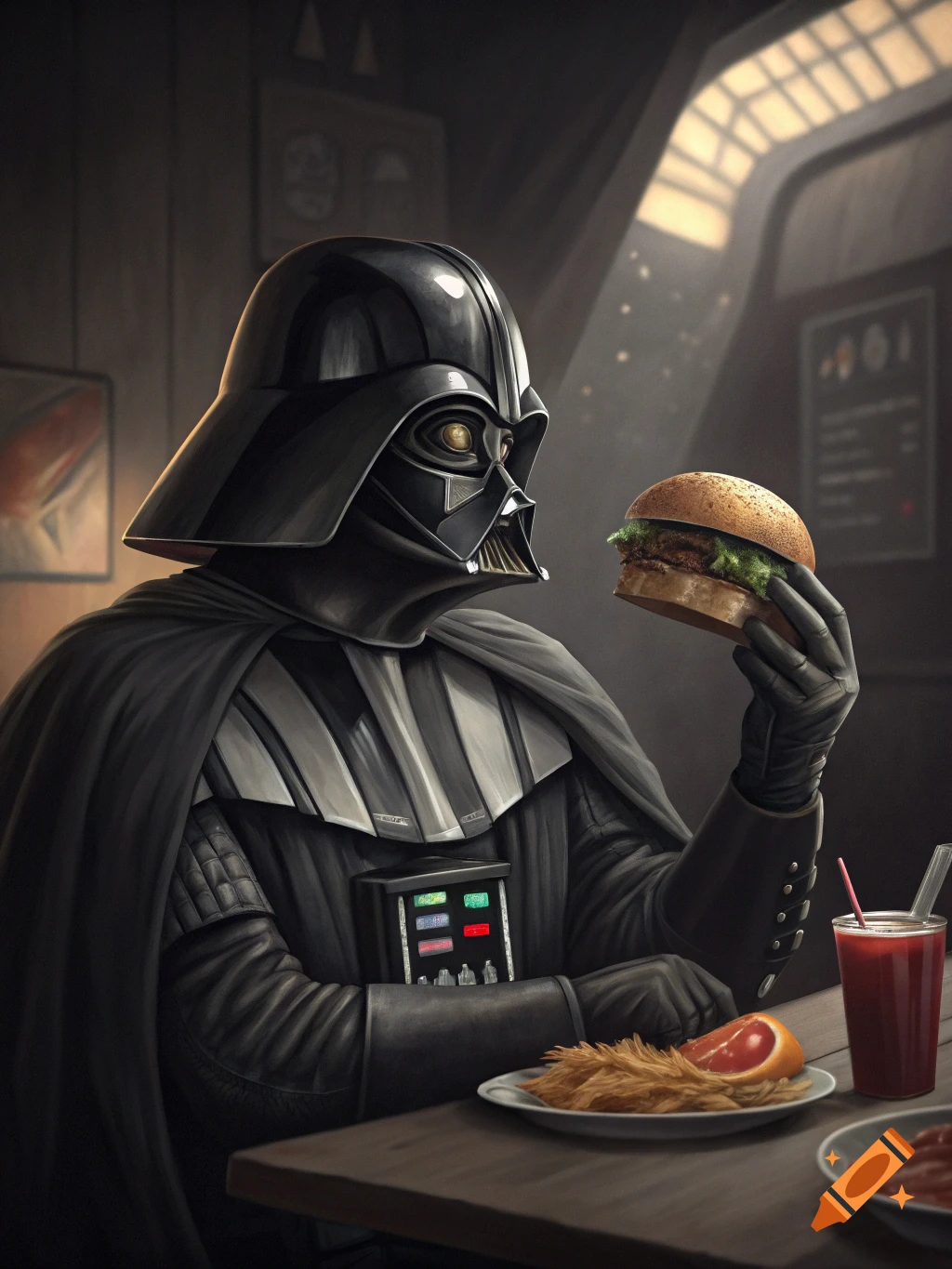Darth Vader sits at a table holding a hamburger in a bar-like setting ...