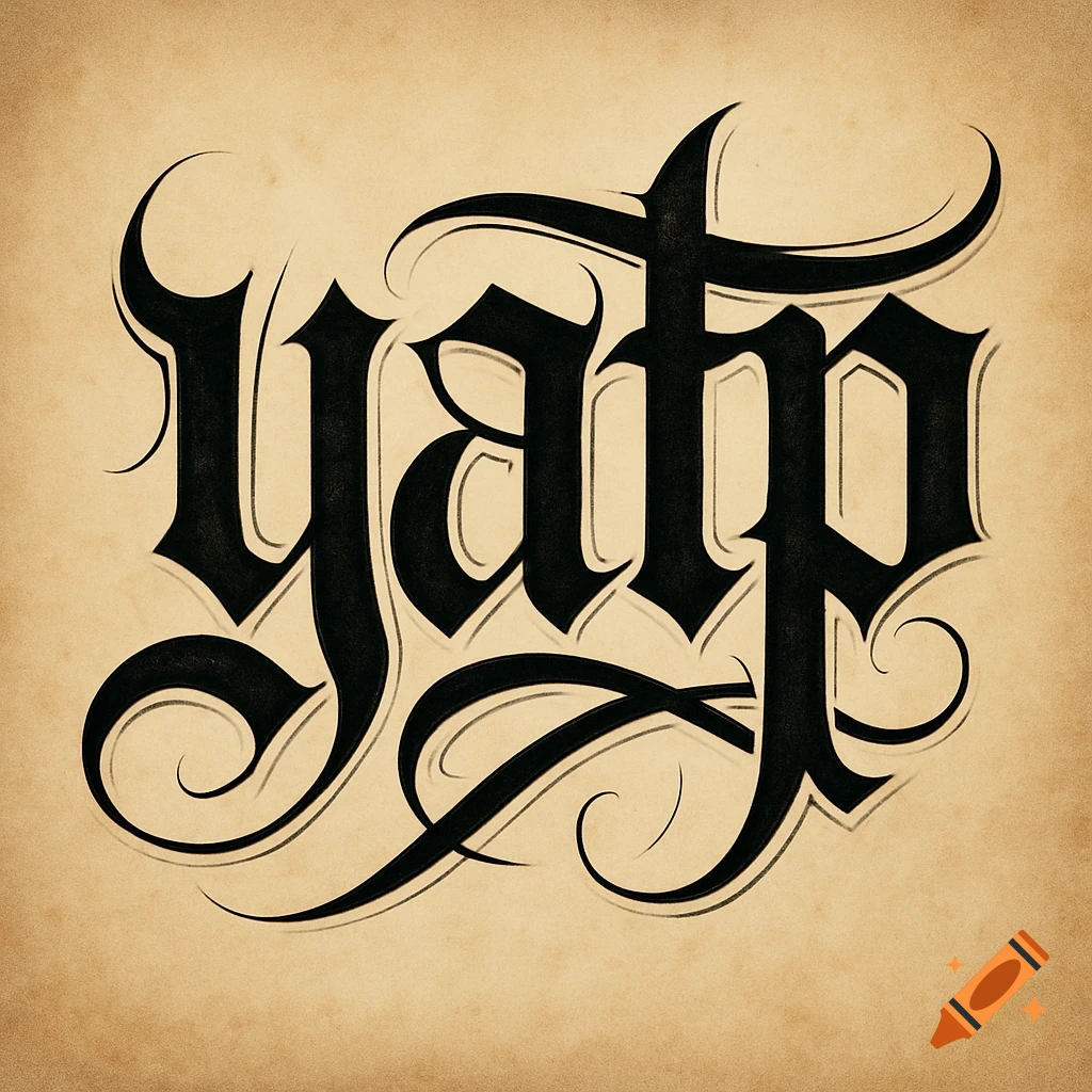 Black tattoo script calligraphy spelling 'yatp' on old paper. on Craiyon