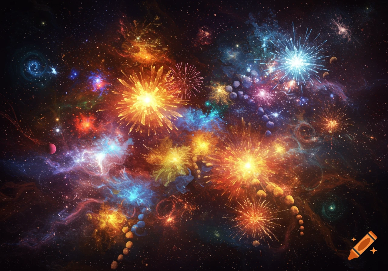 Colorful fireworks exploding in space with stars and nebulae. on Craiyon