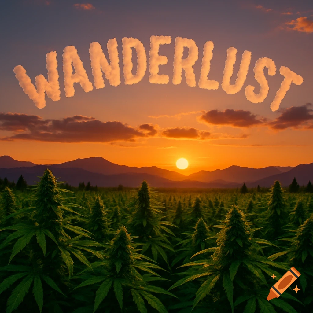 Field of cannabis plants at sunset with mountains in the background and ...