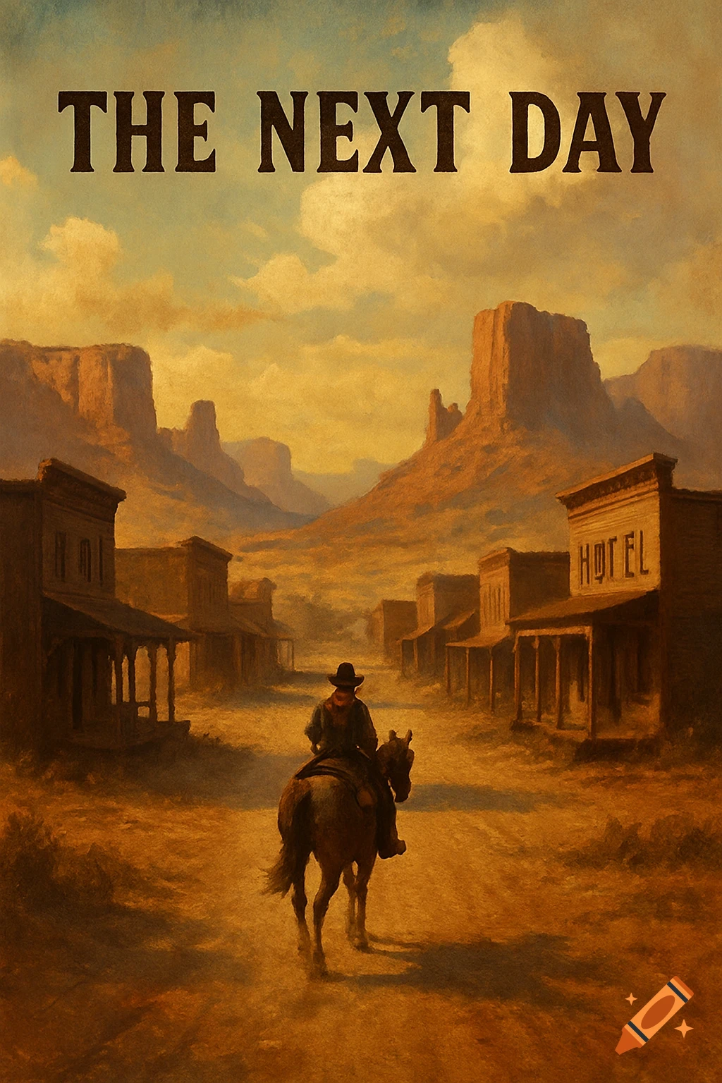 Cowboy on horseback in a dusty Western town under text 'THE NEXT DAY ...