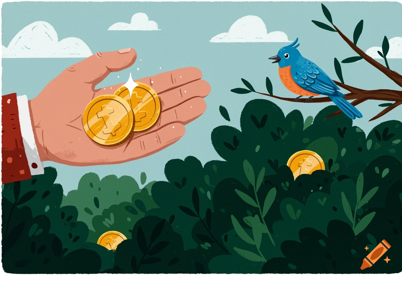 Illustration of a hand holding two coins while a bird sits on a branch ...