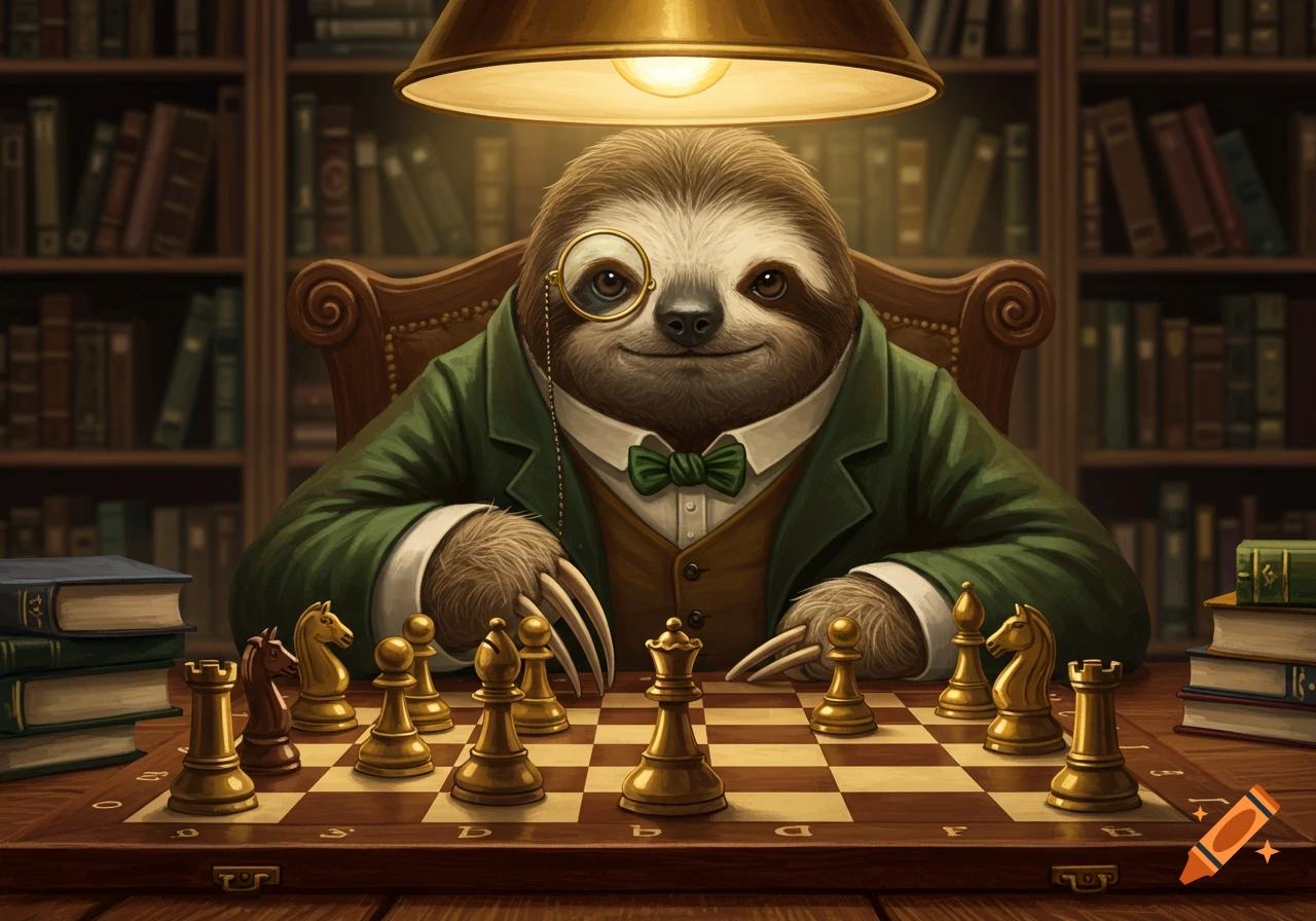 A distinguished sloth wearing a suit and monocle plays chess at a table ...