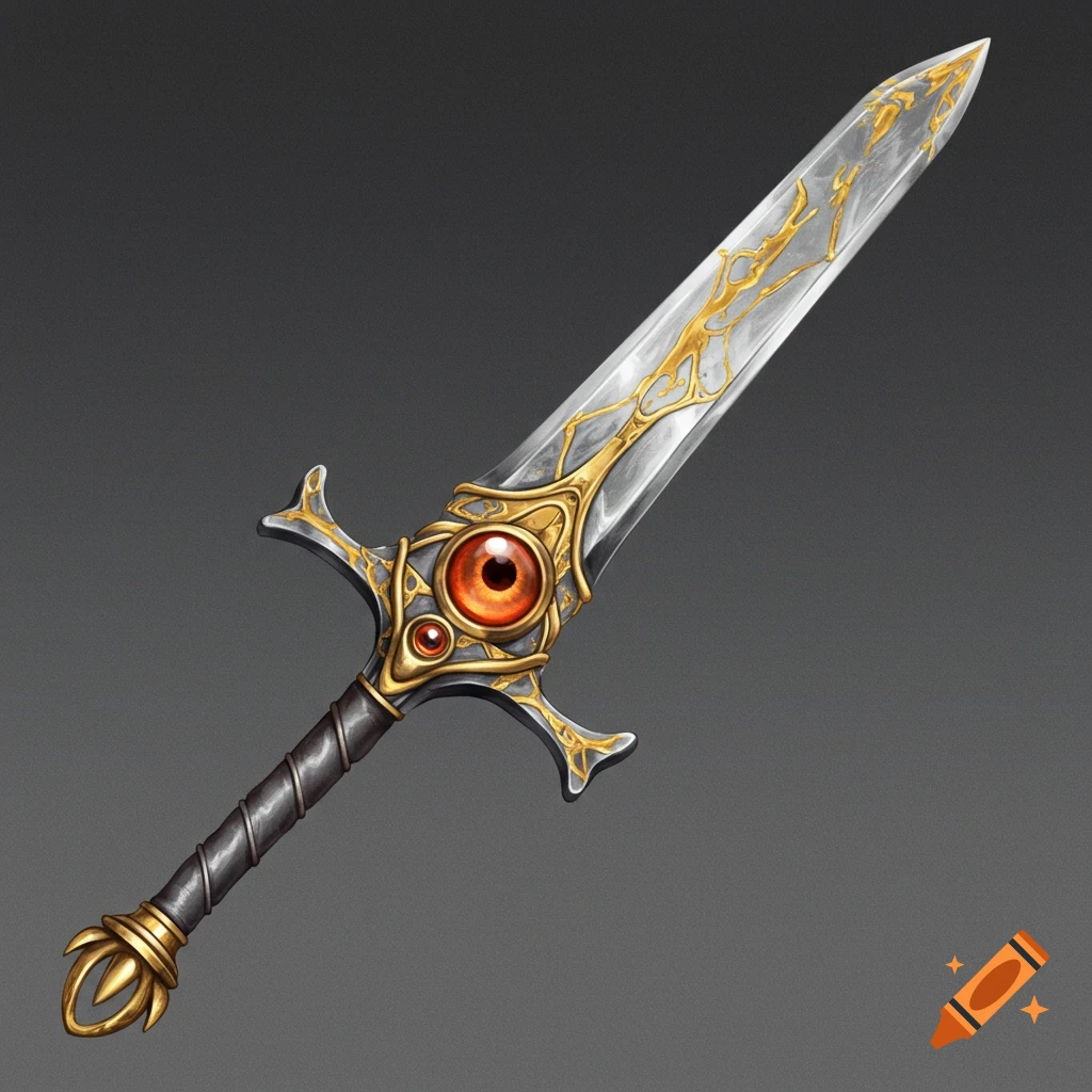 A detailed fantasy sword with gold veins and an orange eye gem on the ...
